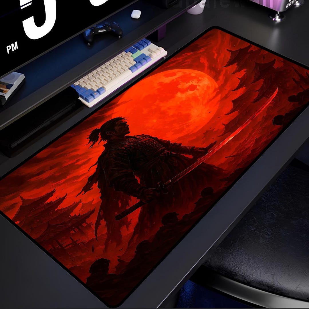 Samurai Red Moon Desk Mat | Gaming Mouse Pad, Office Decor, Geek Gift ...
