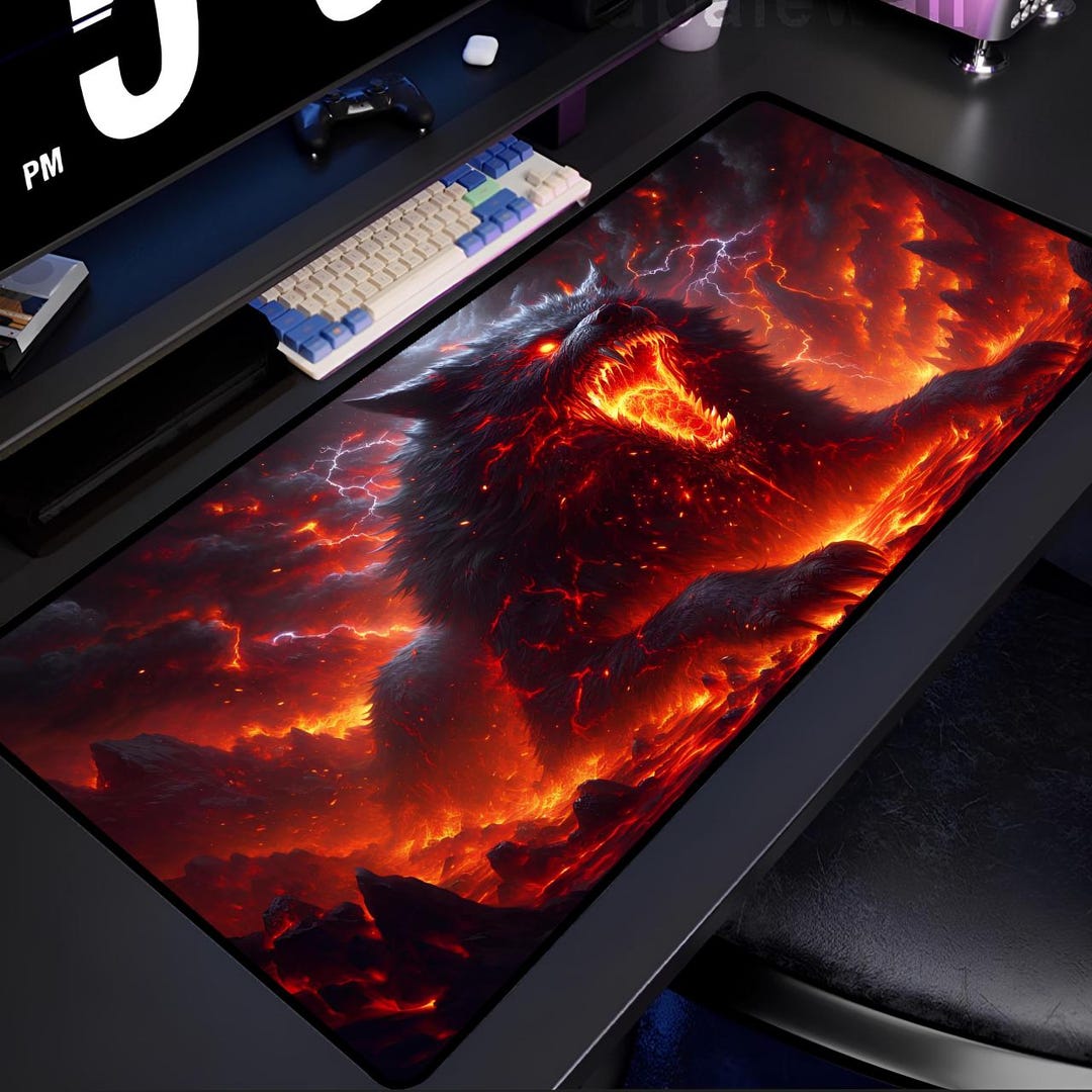 Fire Wolf Gaming Mouse Pad, Epic Hellhound Desk Mat, Large Extended ...