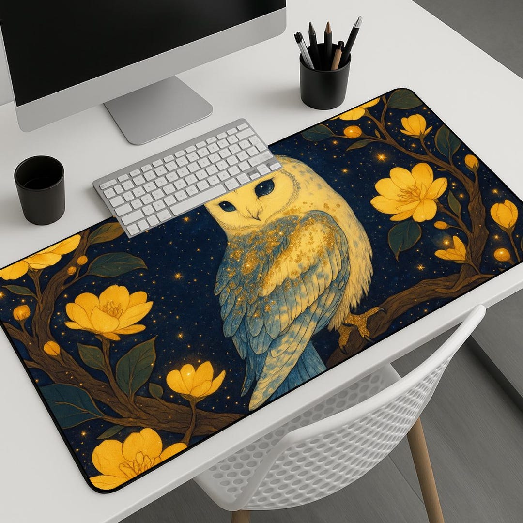 Golden Owl Desk Mat | Starry Night Gaming Mouse Pad | Celestial Owl ...