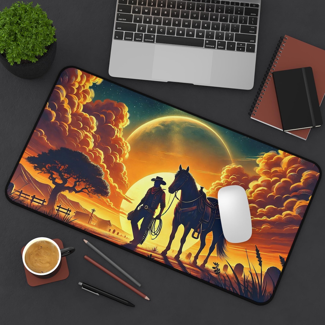 Cowboy Desk Mat, Vintage Western Art Home Decor, Lone Ranger Silhouette ...