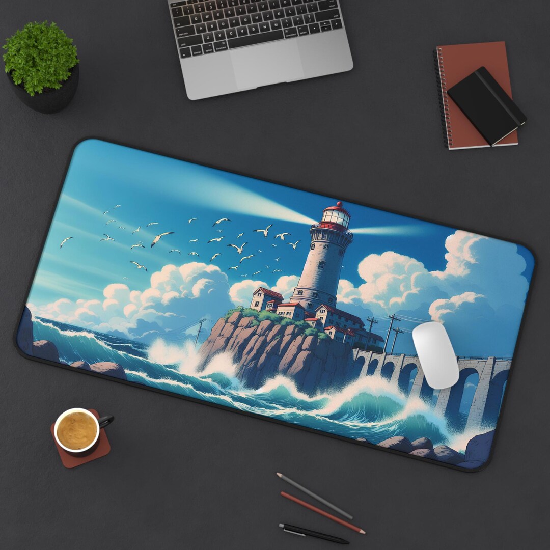Desk Mat, Ocean Lighthouse Scene in the Style of Ghibli Studio, Large ...