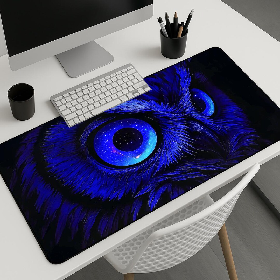 Cosmic Owl Desk Mat | Blue Galaxy Owl Art Mouse Pad | Night Sky ...