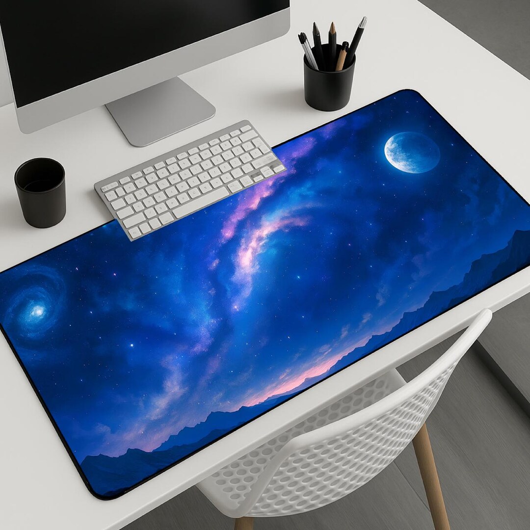 Galaxy Night Sky Mouse Pad, Cosmic Starry Desk Mat With Blue Moon View ...