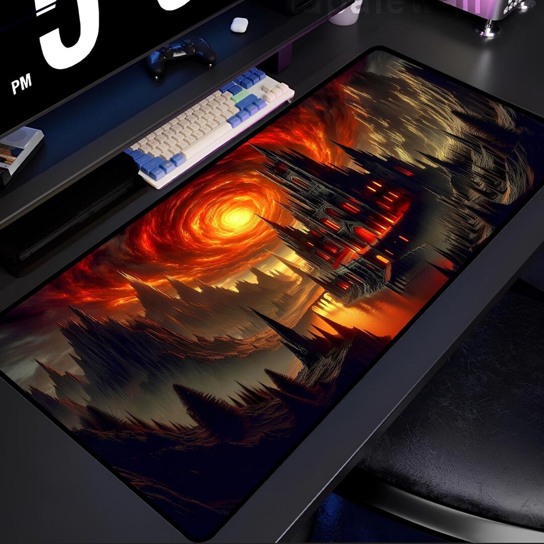 Dark Fantasy Castle Mouse Pad, Gothic Hellfire Desk Mat, Lava Sky ...