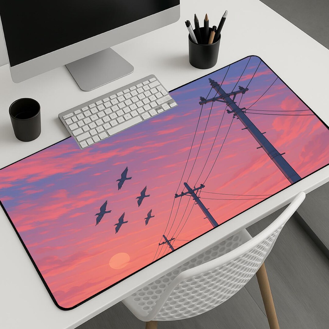 Pastel Sunset Mouse Pad: Anime Vaporwave Desk Mat With Birds - Etsy