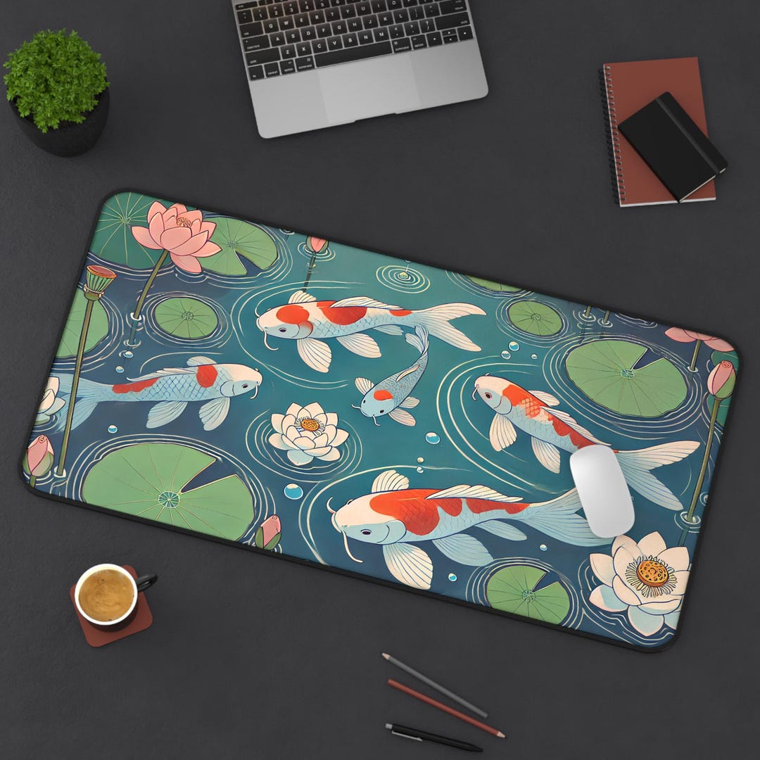 Water Lily and Koi Fish Desk Mat - Koi Fish Design for Zen Desk Decor ...