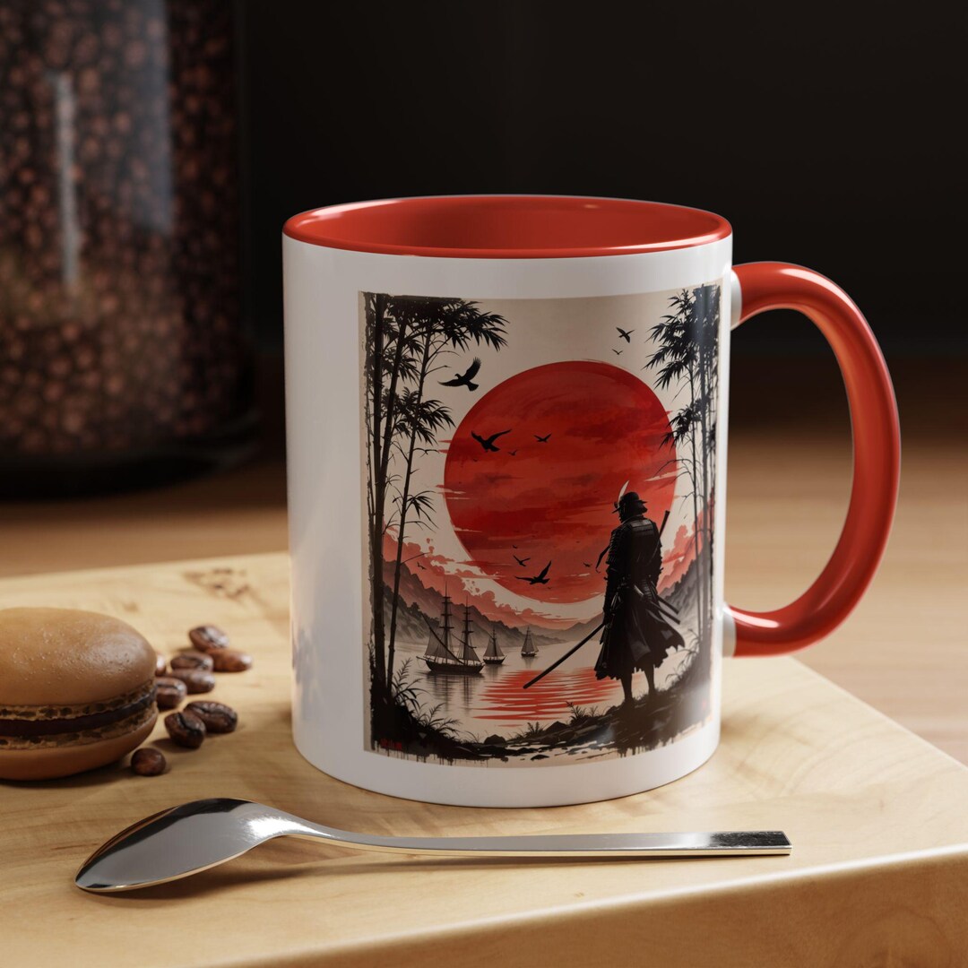 Samurai Red Sun Mug, Japanese Warrior Coffee Cup, Red Accent, Bamboo ...