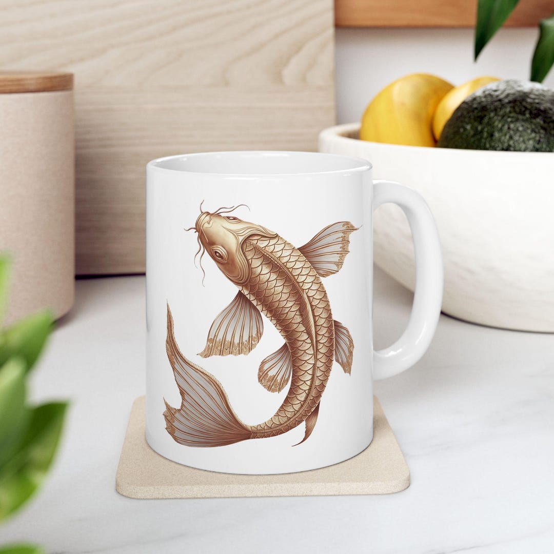 Koi Fish Coffee Mug - Elegant Gold Fish Art, Japanese Style Cup, Good ...