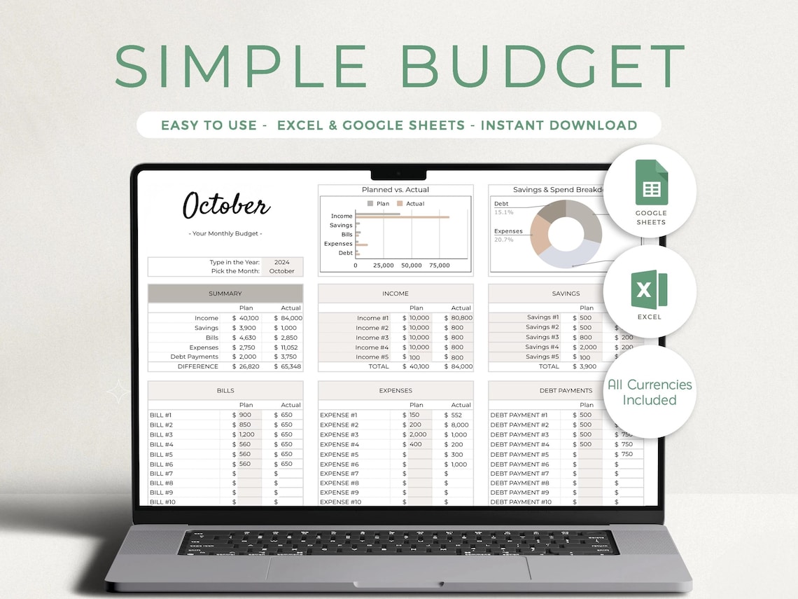 Monthly Budget Spreadsheet | Beige Brown Palette | Simple Annual Budget ...