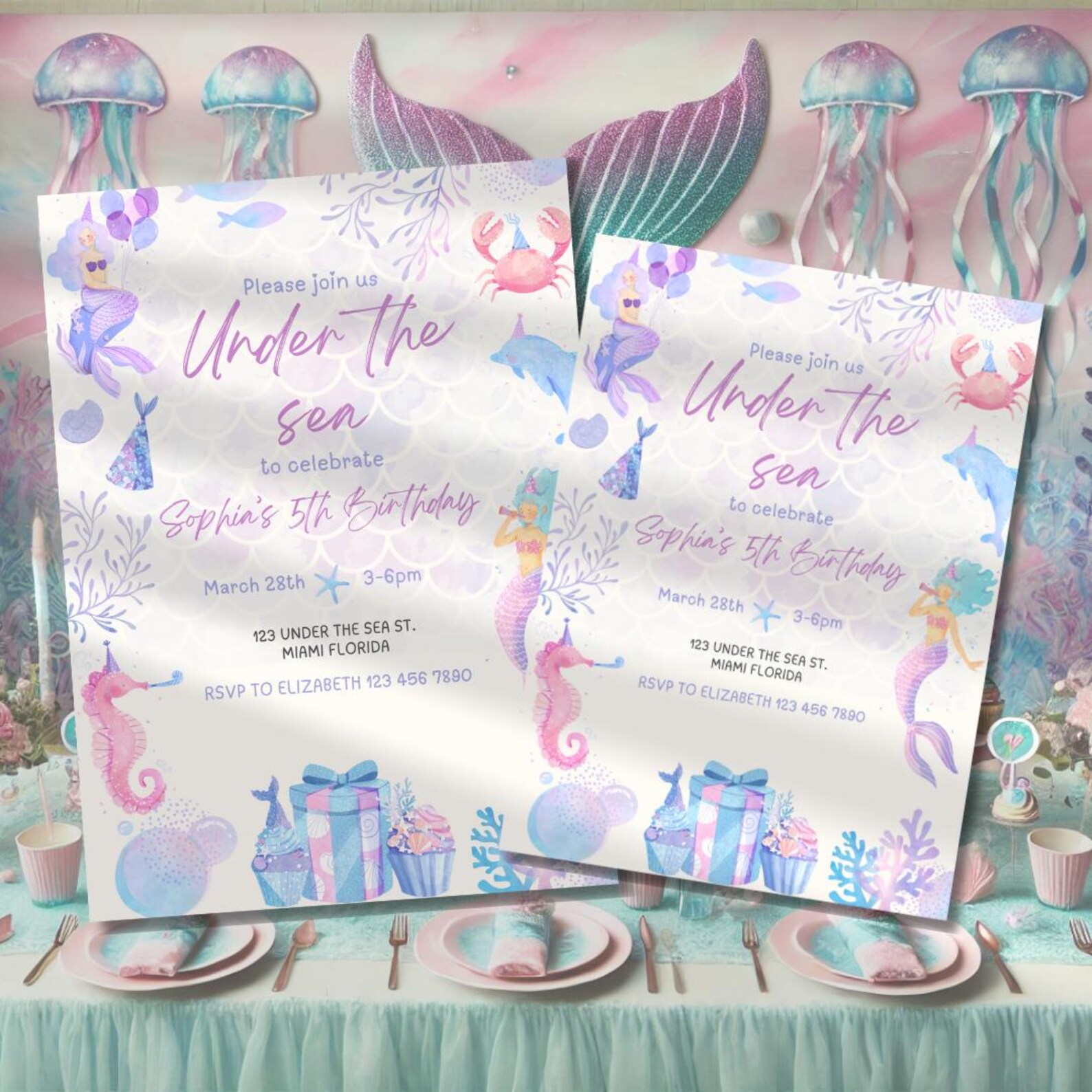 Mermaid Invitation Customizable Canva Template, Under the Sea, Fish ...