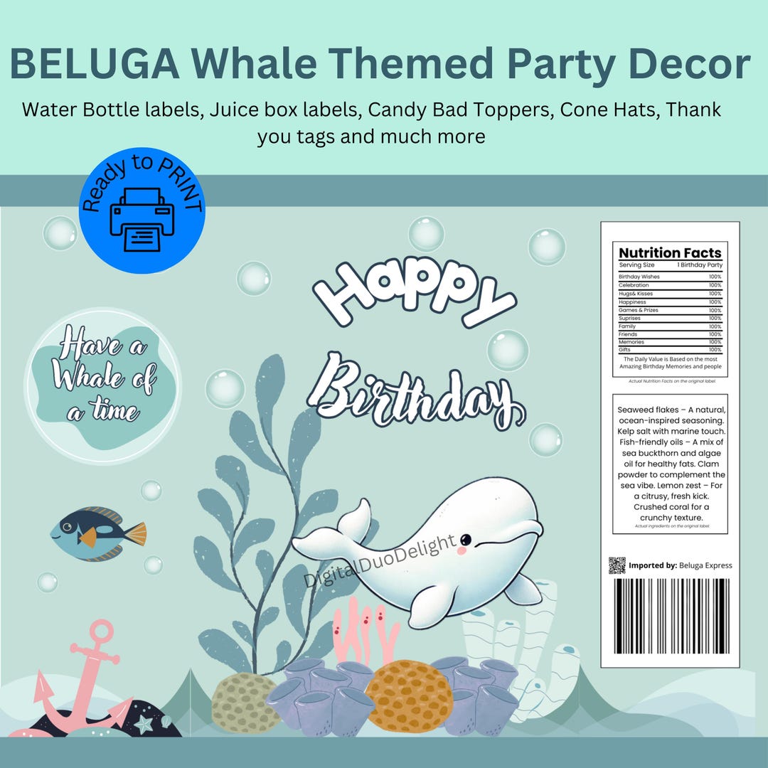 Beluga Whale, Ocean Under the Sea Themed Birthday Party Decor Printable ...