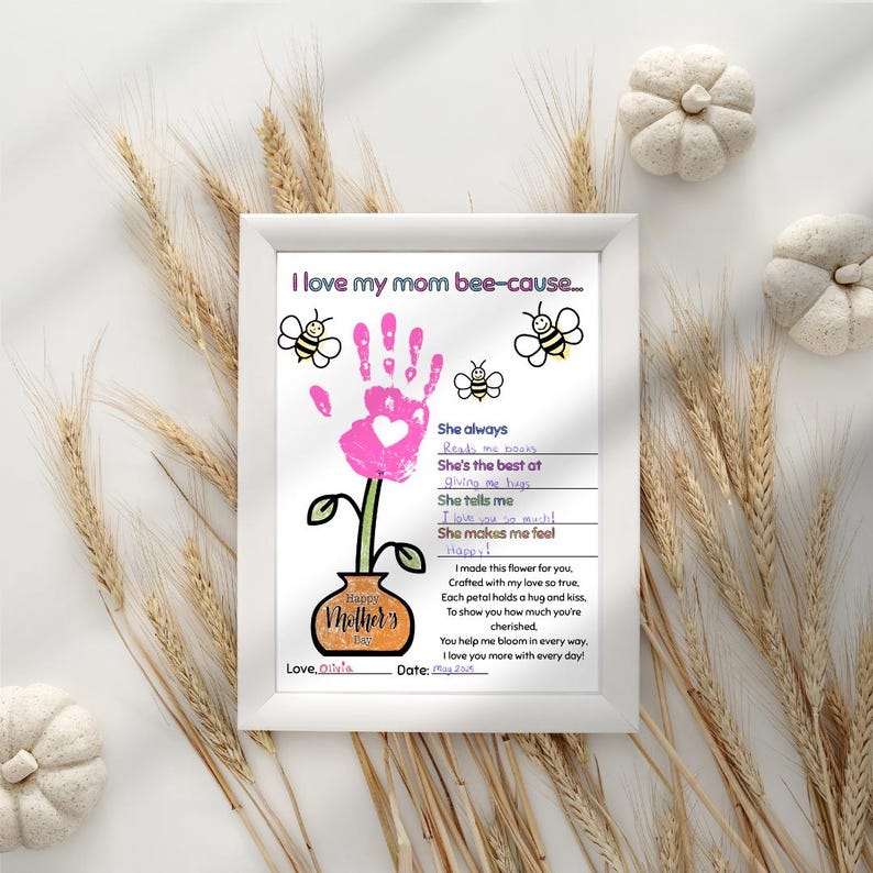 Mother’s Day Handprint Craft, Kids Flower Paint Gift, I Love My Mom Bee ...