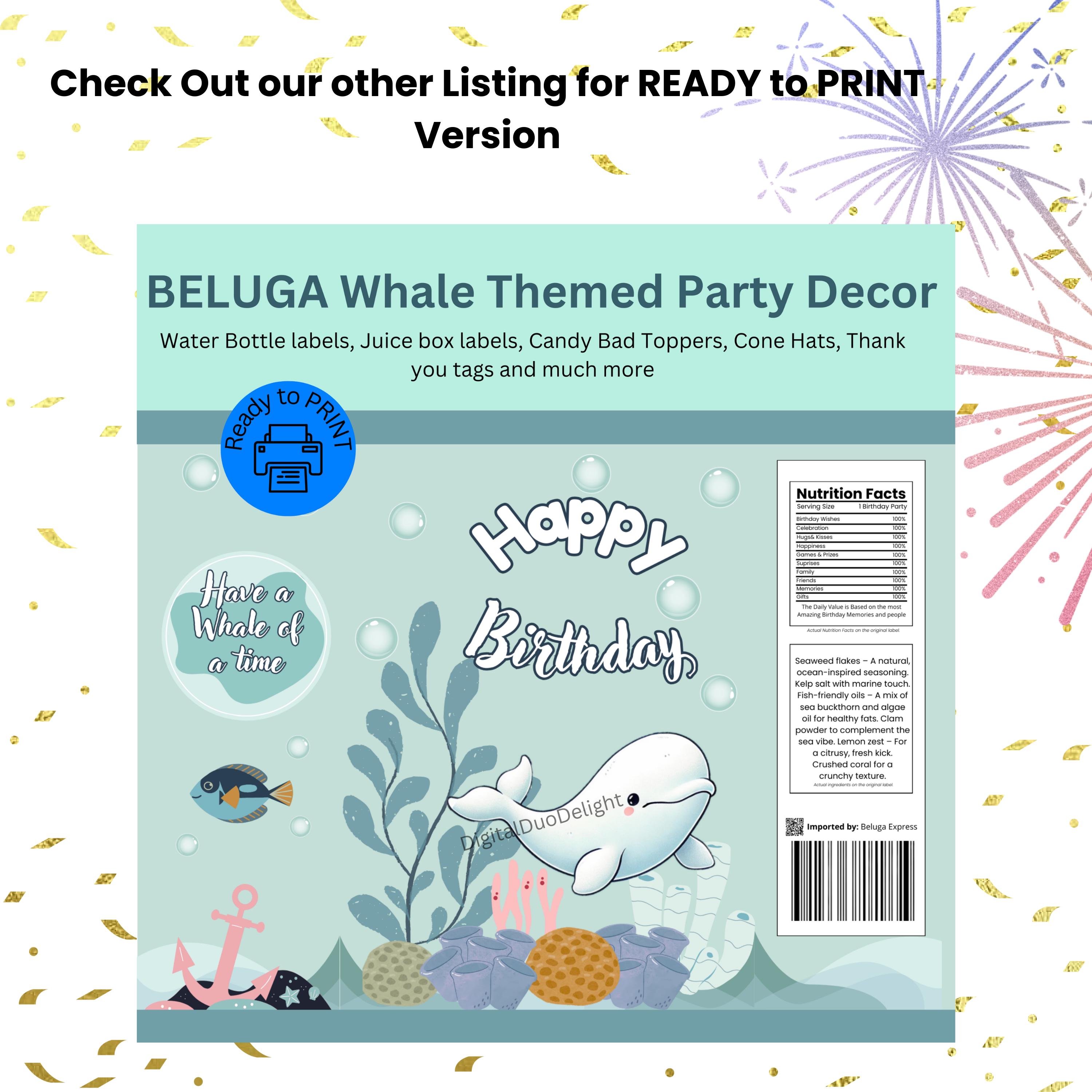 Water Bottle Labels Beluga Whale, Ocean Under the Sea Themed Birthday ...
