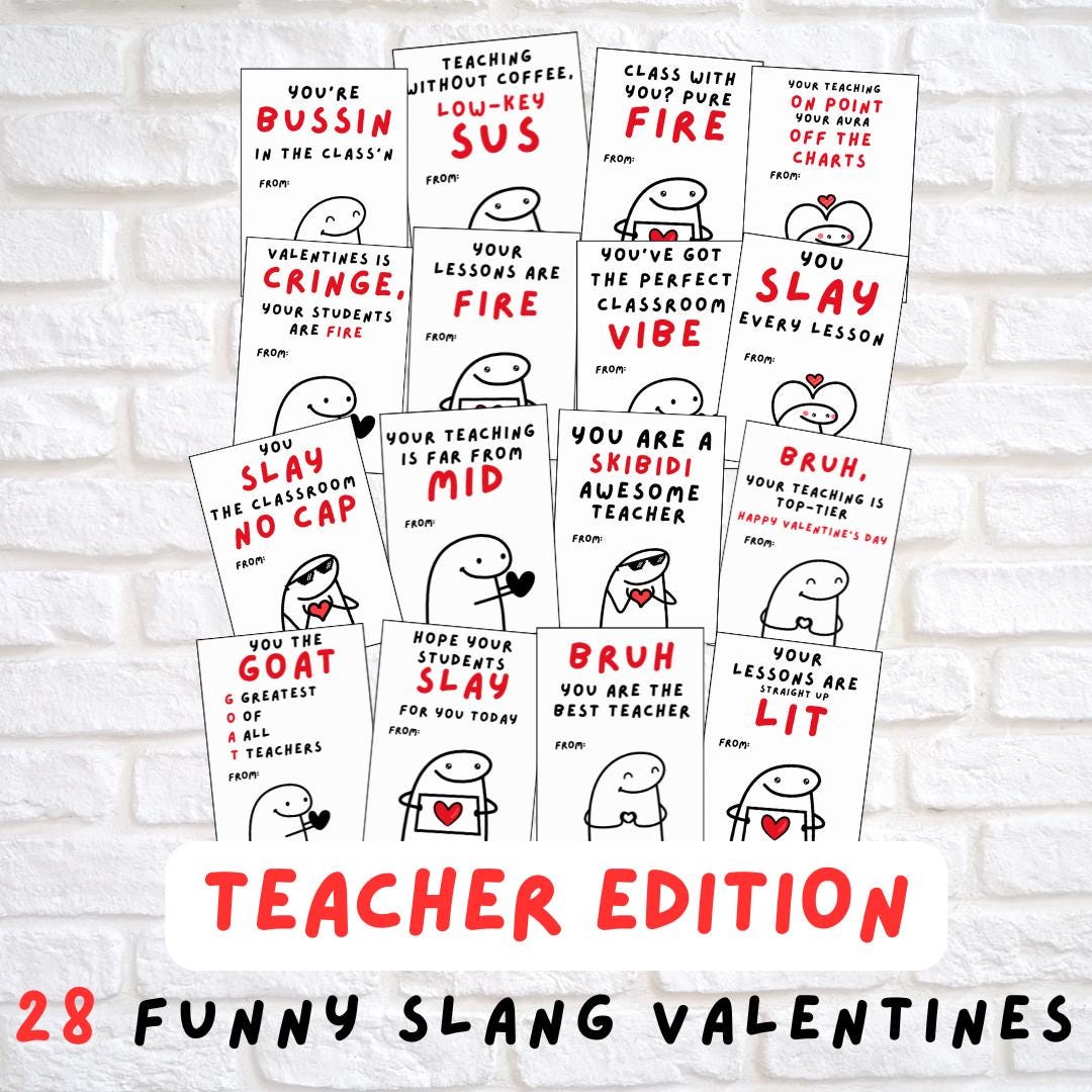 Teachers Funny Slang 28 Valentine’s Cards, Tween, Boys Girls Valentines ...