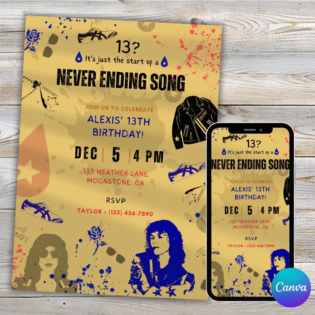 Never Ending Song Invitation, Music Themed Pop Star Party, Kids Teen ...