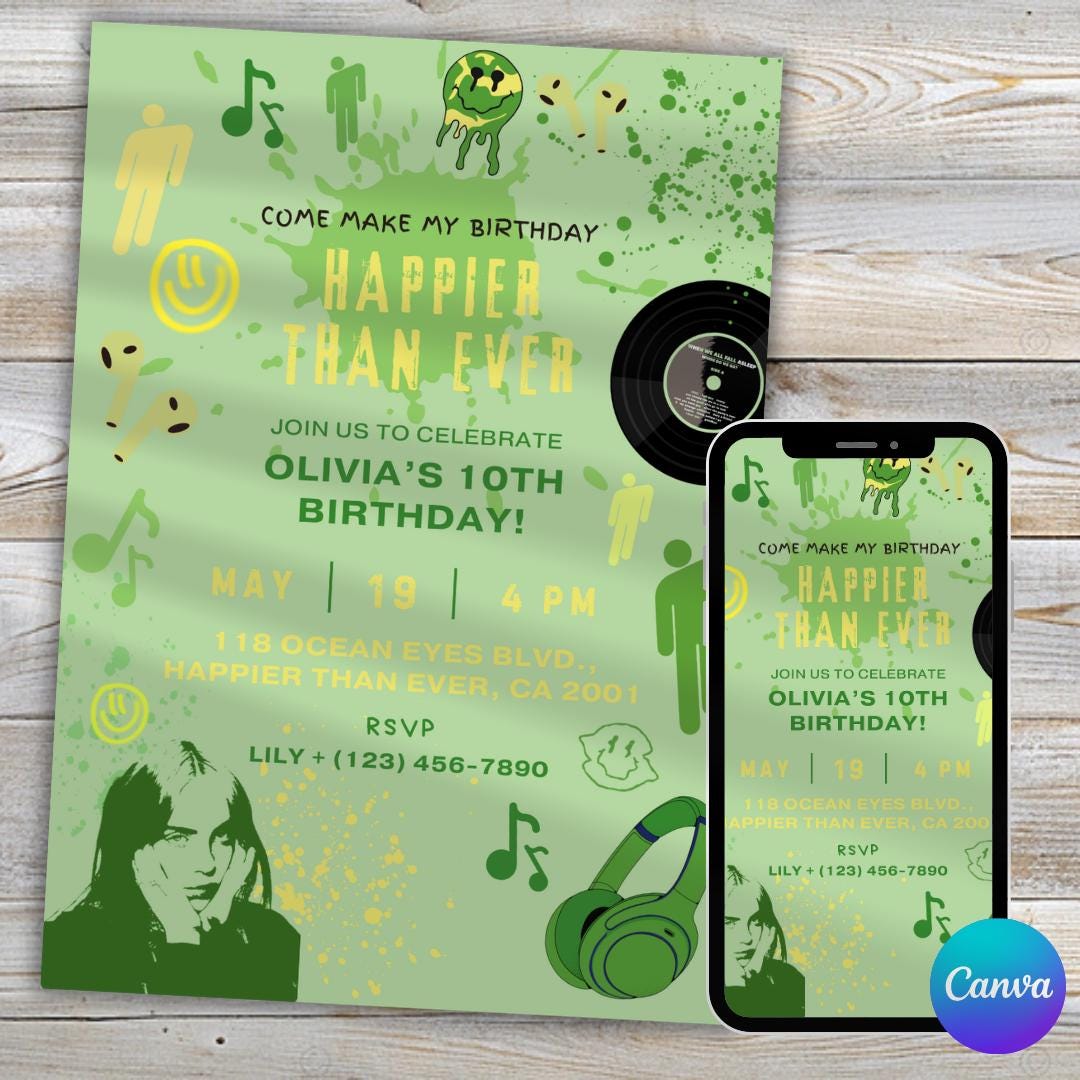 Happier Than Ever Invitation, Singer Inspired, Kids Teens Adult Party ...