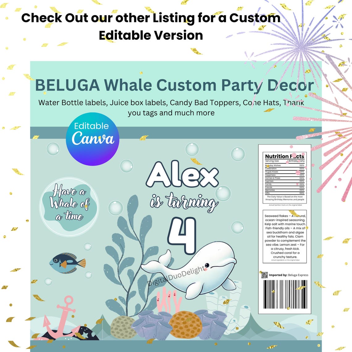 Beluga Whale, Ocean Under the Sea Themed Birthday Party Decor Printable ...