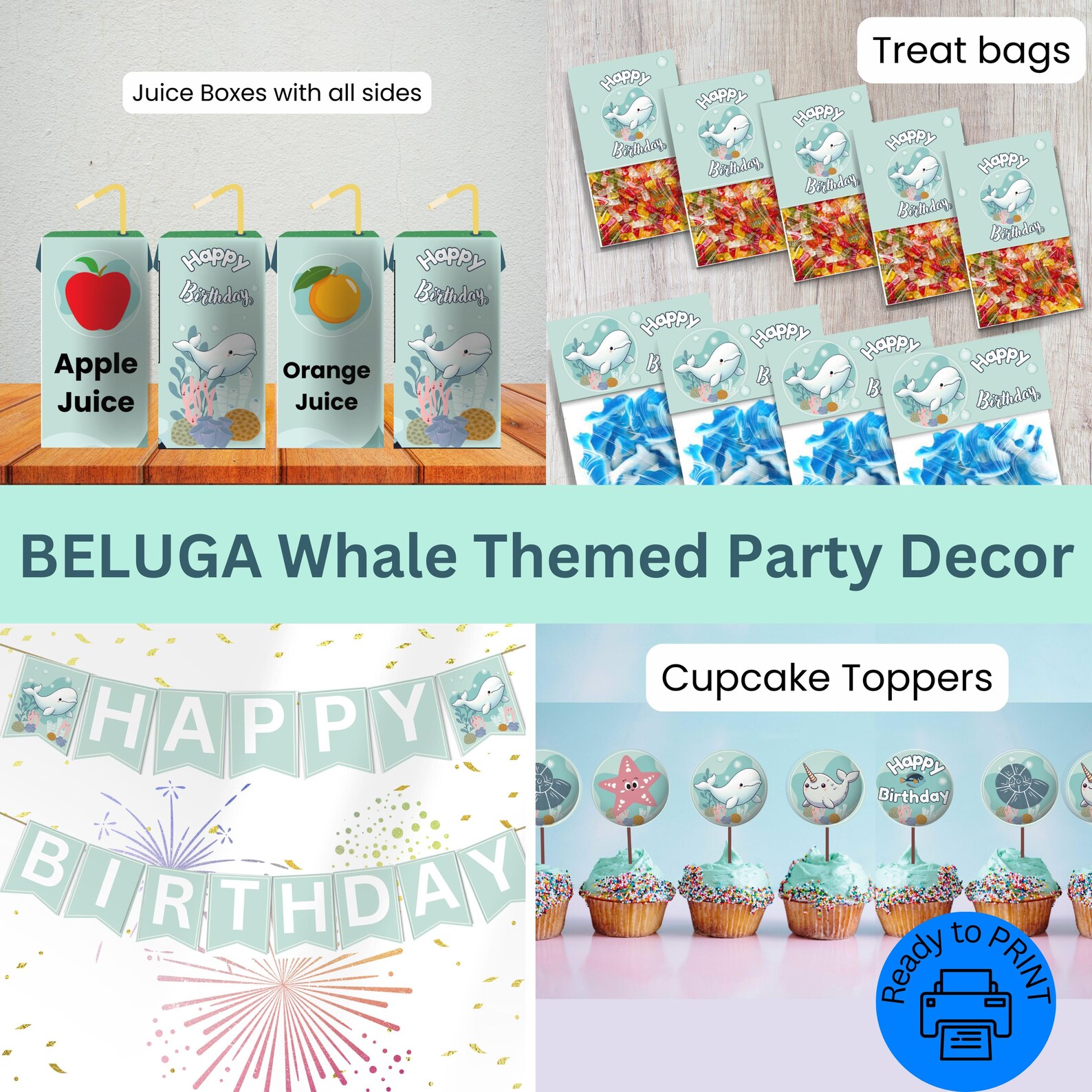 Beluga Whale, Ocean Under the Sea Themed Birthday Party Decor Printable ...