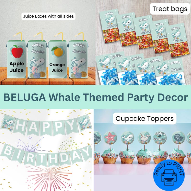 Beluga Whale, Ocean Under the Sea Themed Birthday Party Decor Printable ...