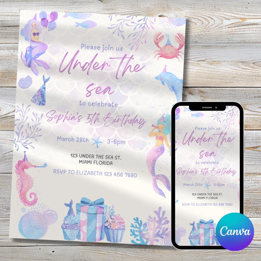 Mermaid Invitation Customizable Canva Template, Under the Sea, Fish ...