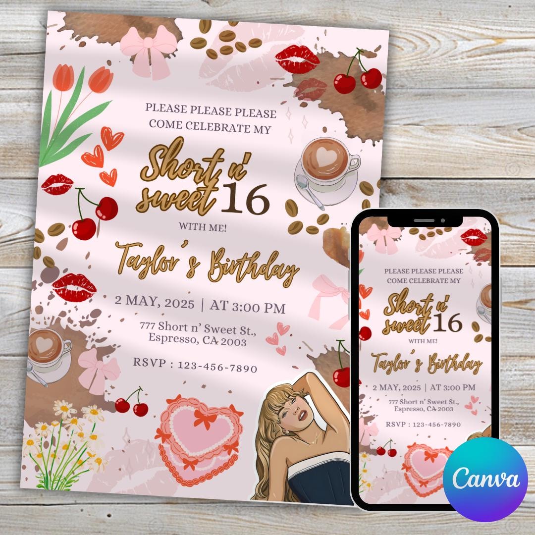 Sabrina Espresso Invitation, Birthday Pop Singer Inspired, Canva ...