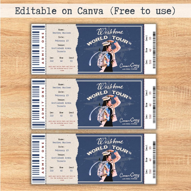 Editable Wishbone World Tour Souvenir Ticket, 3 Pcs Conan Pop Singer ...