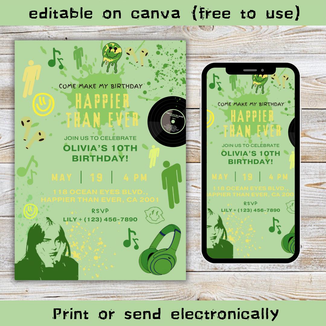 Happier Than Ever Invitation, Singer Inspired, Kids Teens Adult Party ...