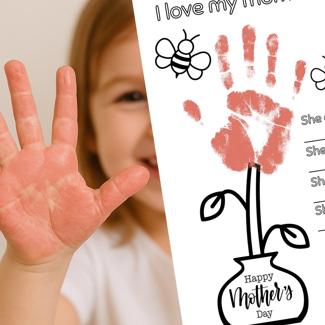 Mother’s Day Handprint Craft, Kids Flower Paint Gift, I Love My Mom Bee ...