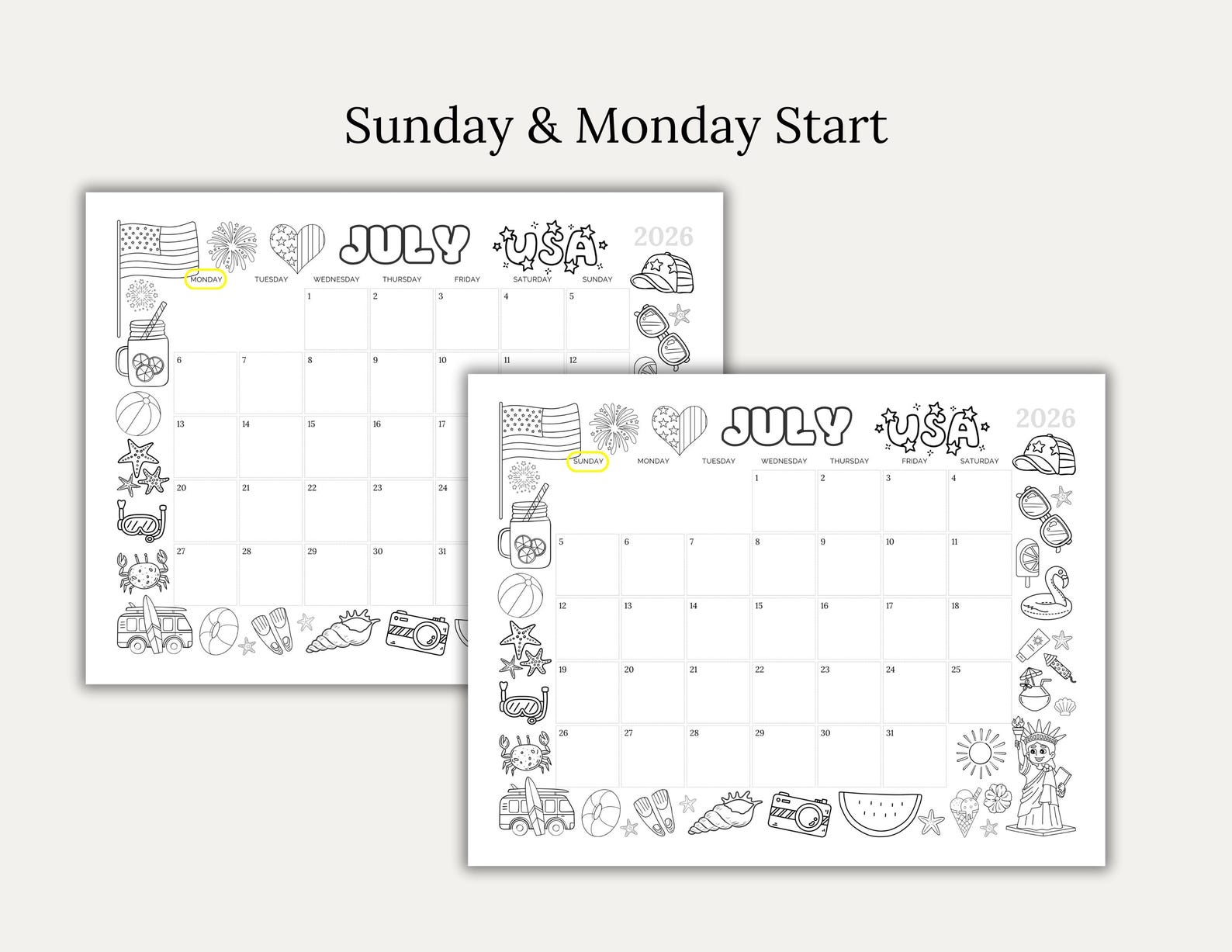 2026 Coloring Calendar: Printable 12-month Planner, Sunday and Monday ...
