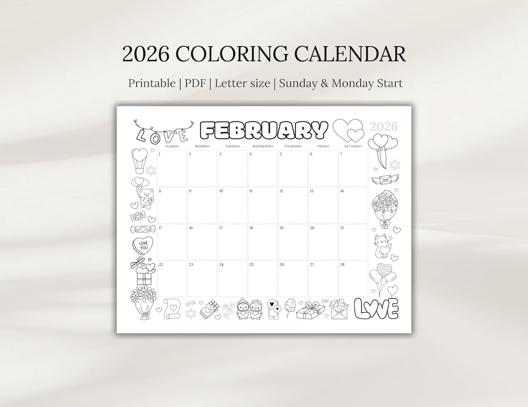 2026 Coloring Calendar: Printable 12-month Planner, Sunday and Monday ...