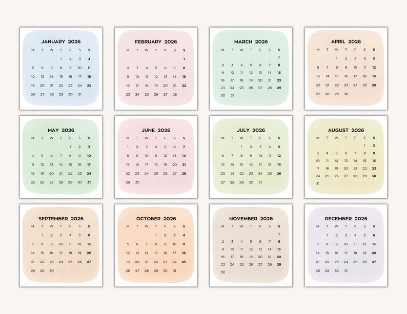 2026 Mini Monthly Calendar Printable: Colour Monthly Calendars, 3x3 ...