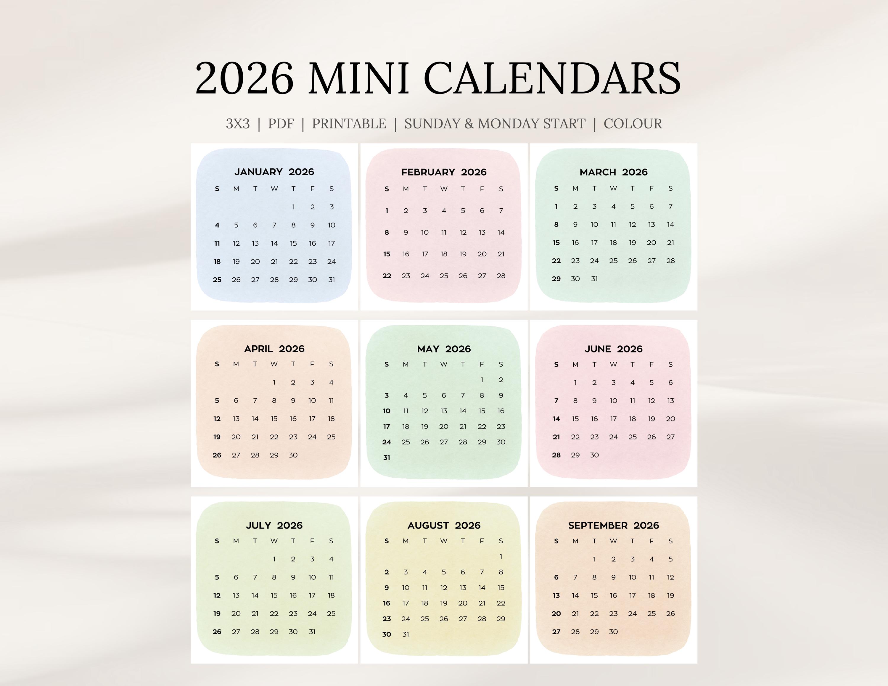 2026 Mini Monthly Calendar Printable: Colour Monthly Calendars, 3x3 ...