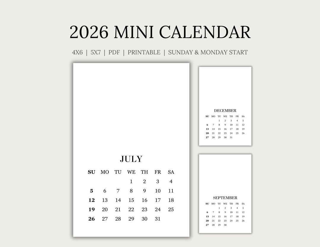 2026 Mini Calendar, 2026 Monthly Calendar, 4x6, 5x7, Sun & Monday Start ...