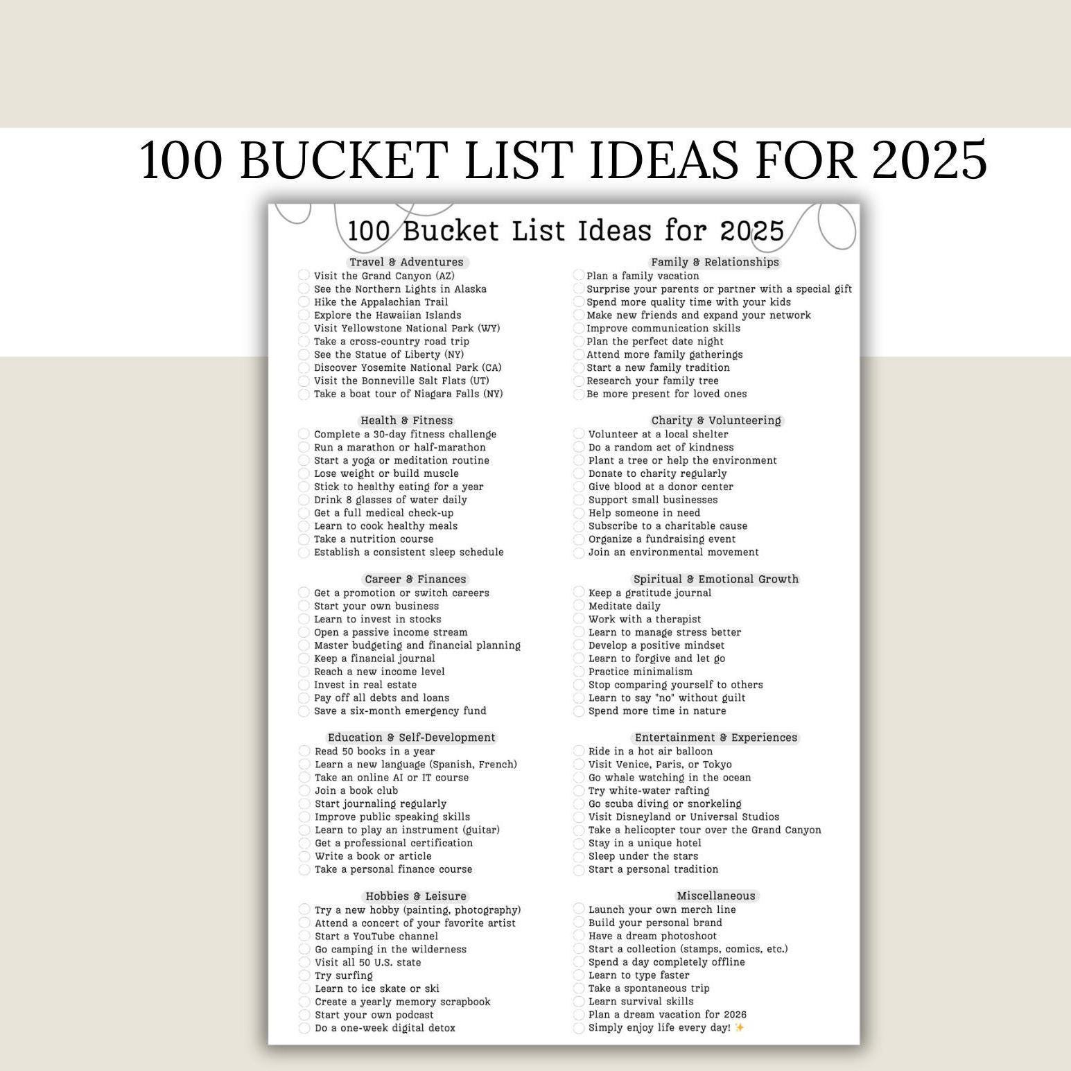 Bucket List, Life Goals Planner, to Do List Plan, Check List, 100 Wish ...