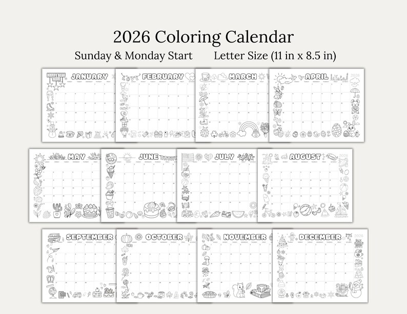 2026 Coloring Calendar: Printable 12-month Planner, Sunday and Monday ...