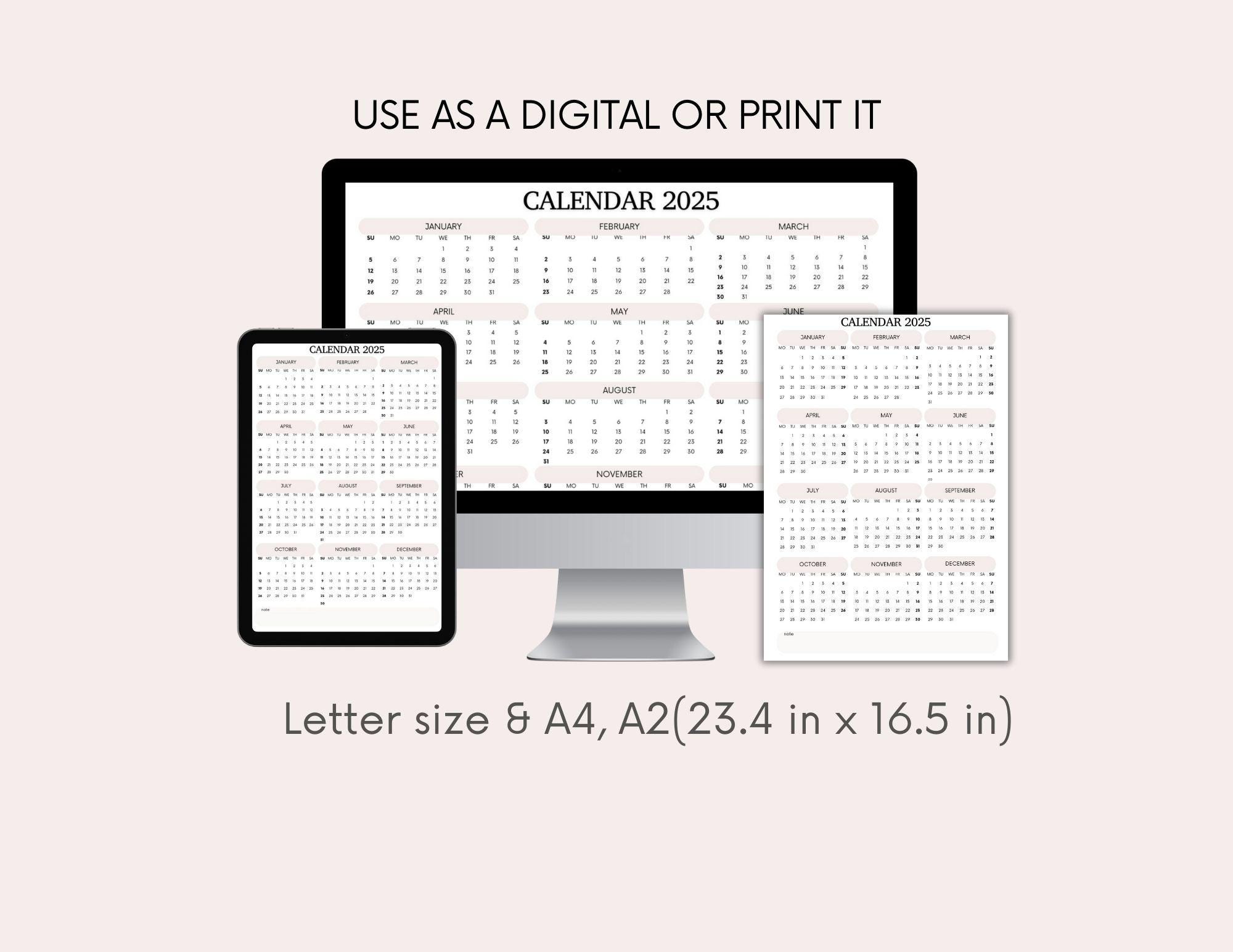 2025 Year Calendar, 2025 Calendar Printable, Digital Download, Full ...