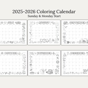 2026 Coloring Calendar: Printable 12-month Planner, Sunday and Monday ...