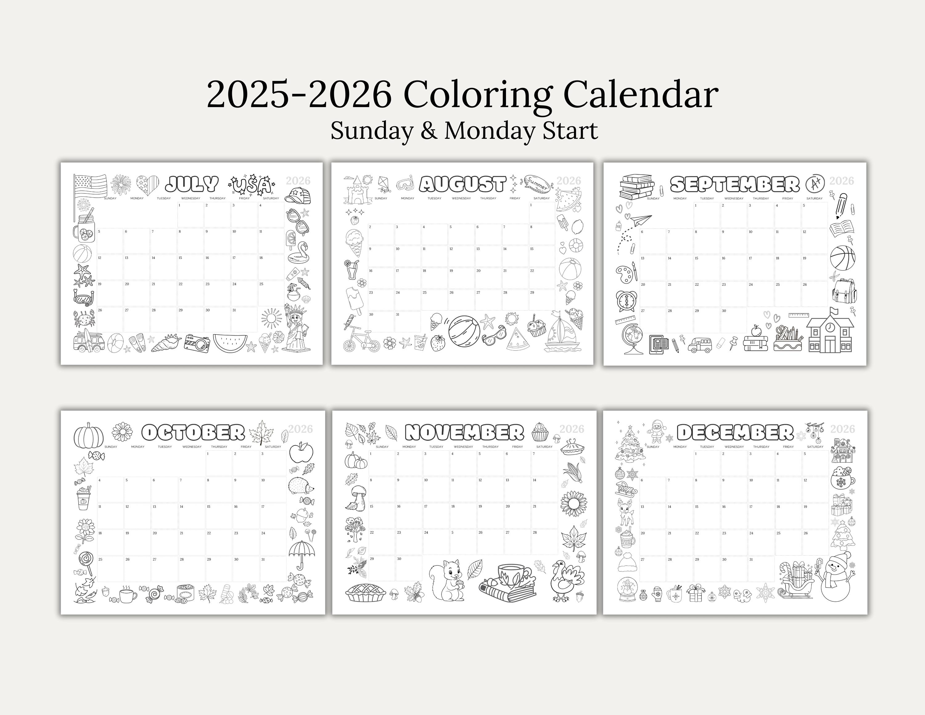 2026 Coloring Calendar: Printable 12-month Planner, Sunday and Monday ...