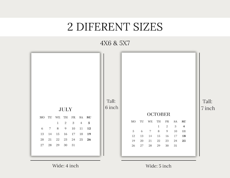 2026 Mini Calendar, 2026 Monthly Calendar, 4x6, 5x7, Sun & Monday Start ...