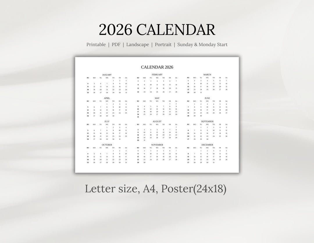 2026 Yearly Calendar: Year At-a-glance, A4 Letter Sizes and Poster ...