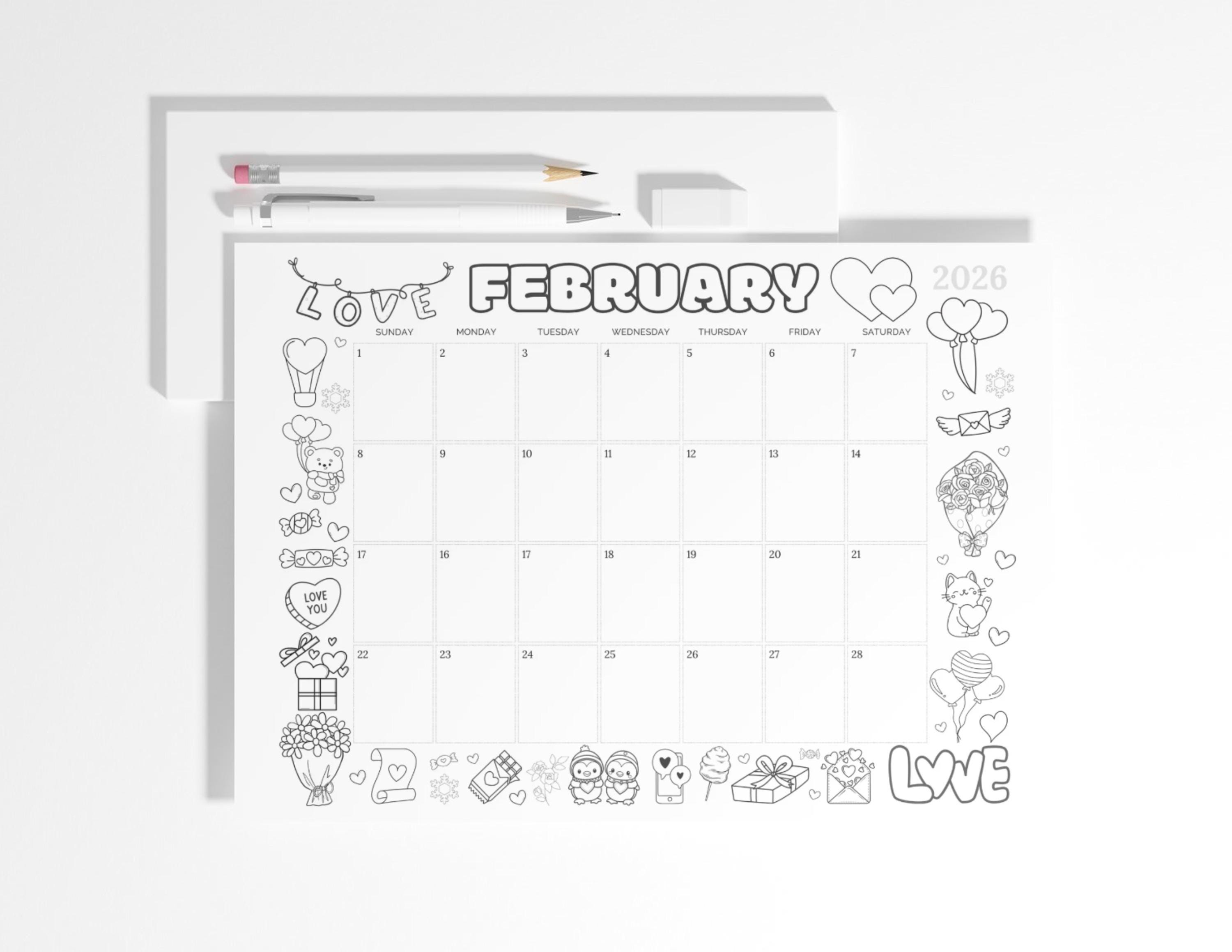 2026 Coloring Calendar: Printable 12-month Planner, Sunday and Monday ...