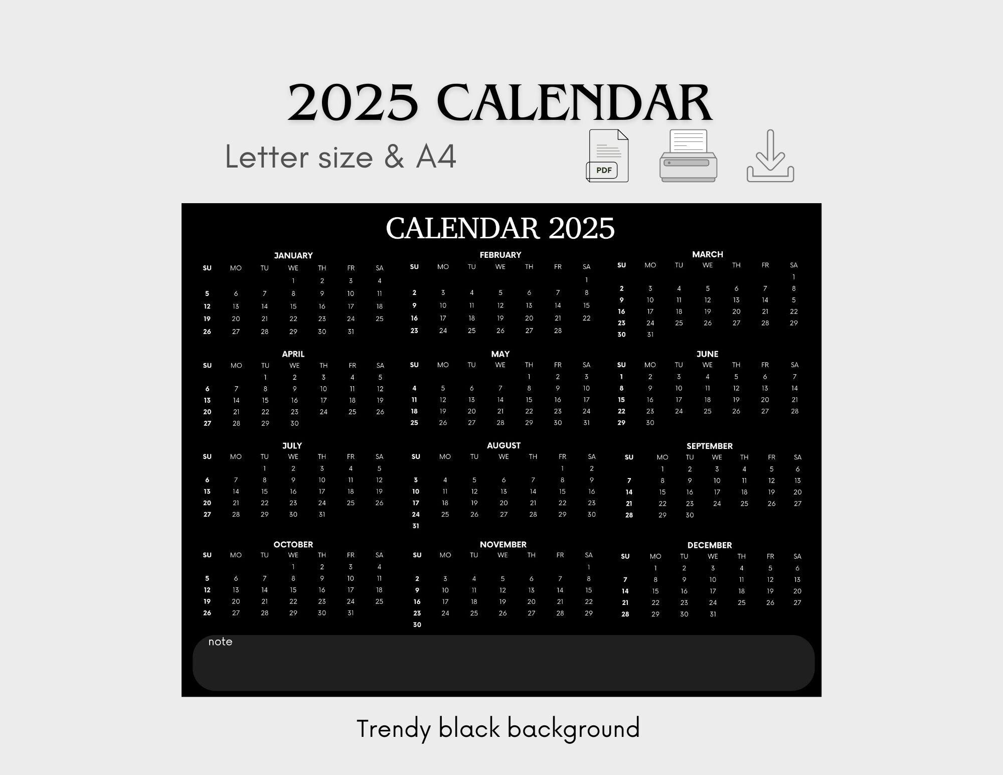 2025 Calendar 2025 Year Calendar Full Year Calendar Black Background ...