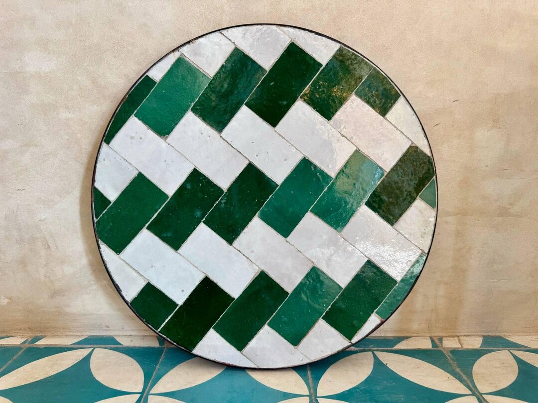 Green and White Moroccan Mosaic Table,handmade Zellij Tile Table,round ...