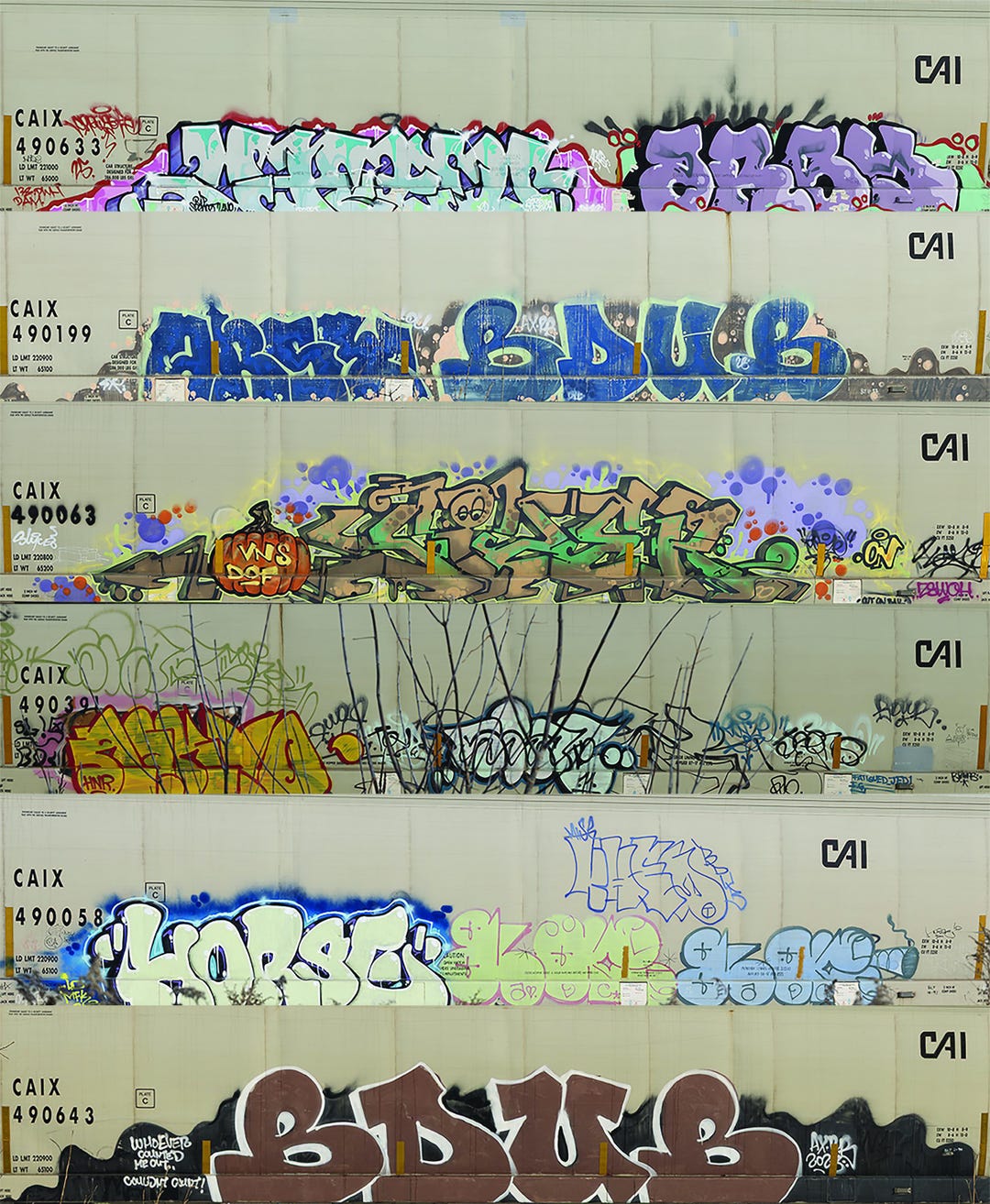 Six Stacked Train Grain Cars With Graffiti. Moniker, Train Art, Train ...