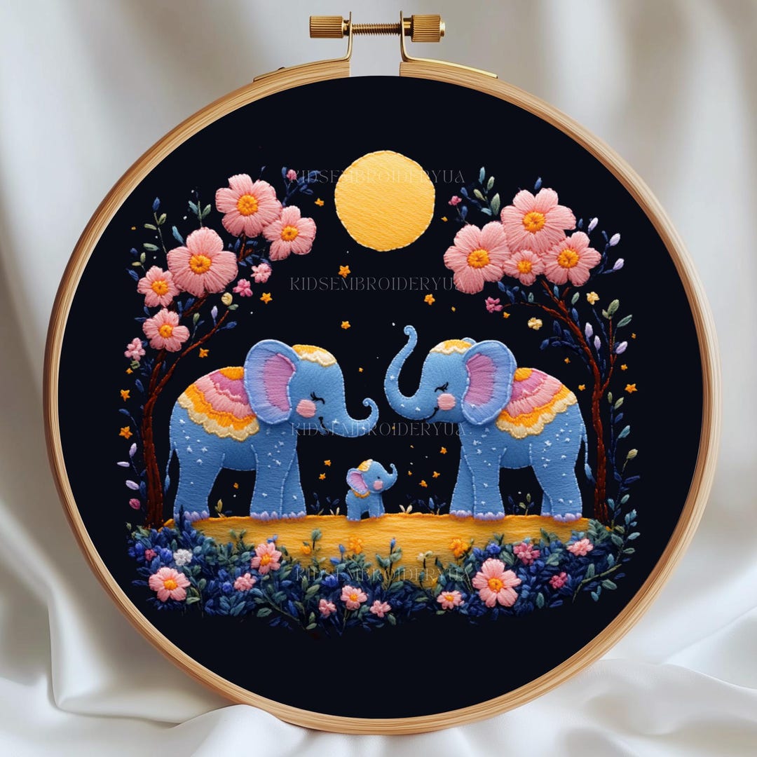 Satin Embroidery,embroidery Family Elephants,embroidery Elephants ...