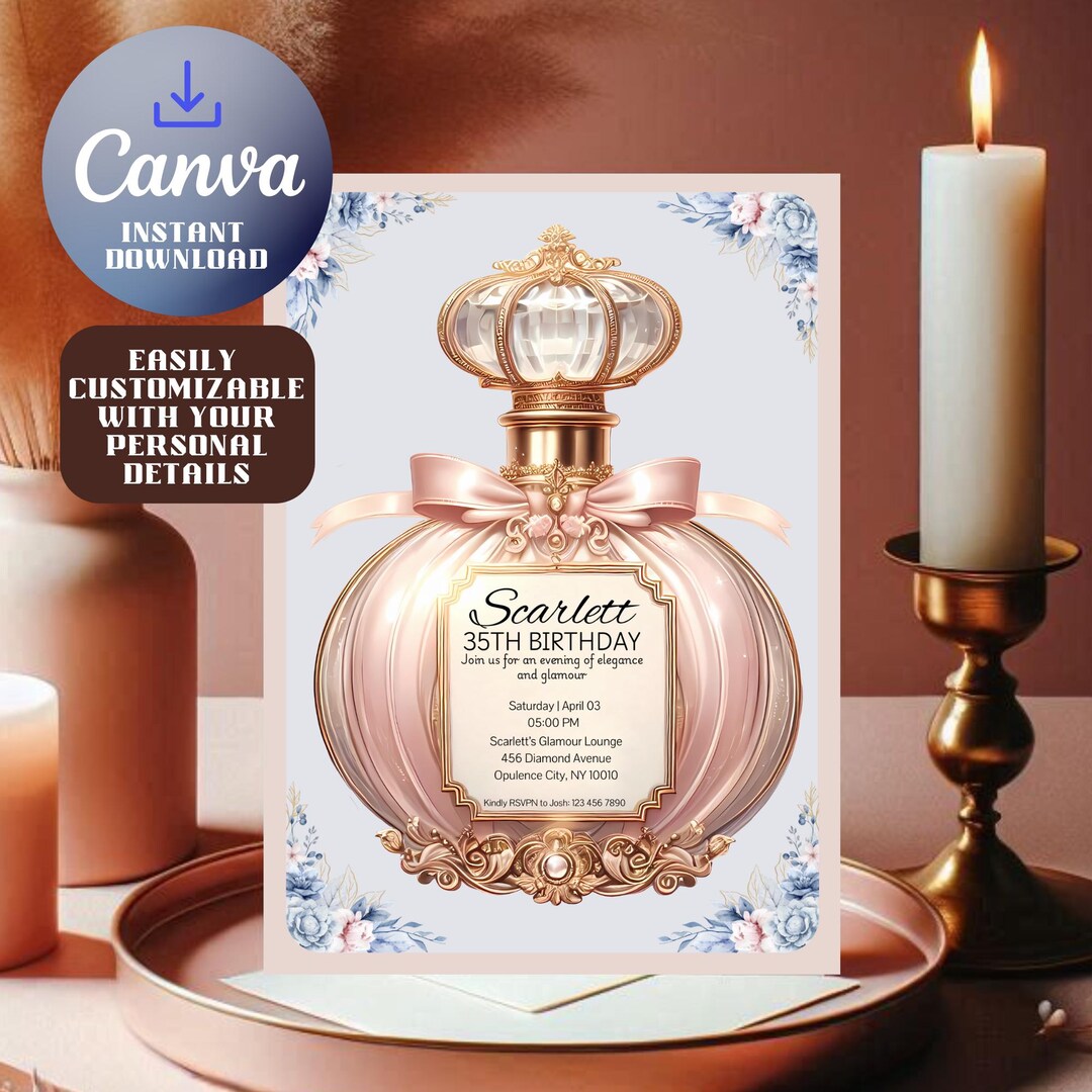 Editable Pink Perfume Bottle Invitation, Glamorous Birthday Party ...