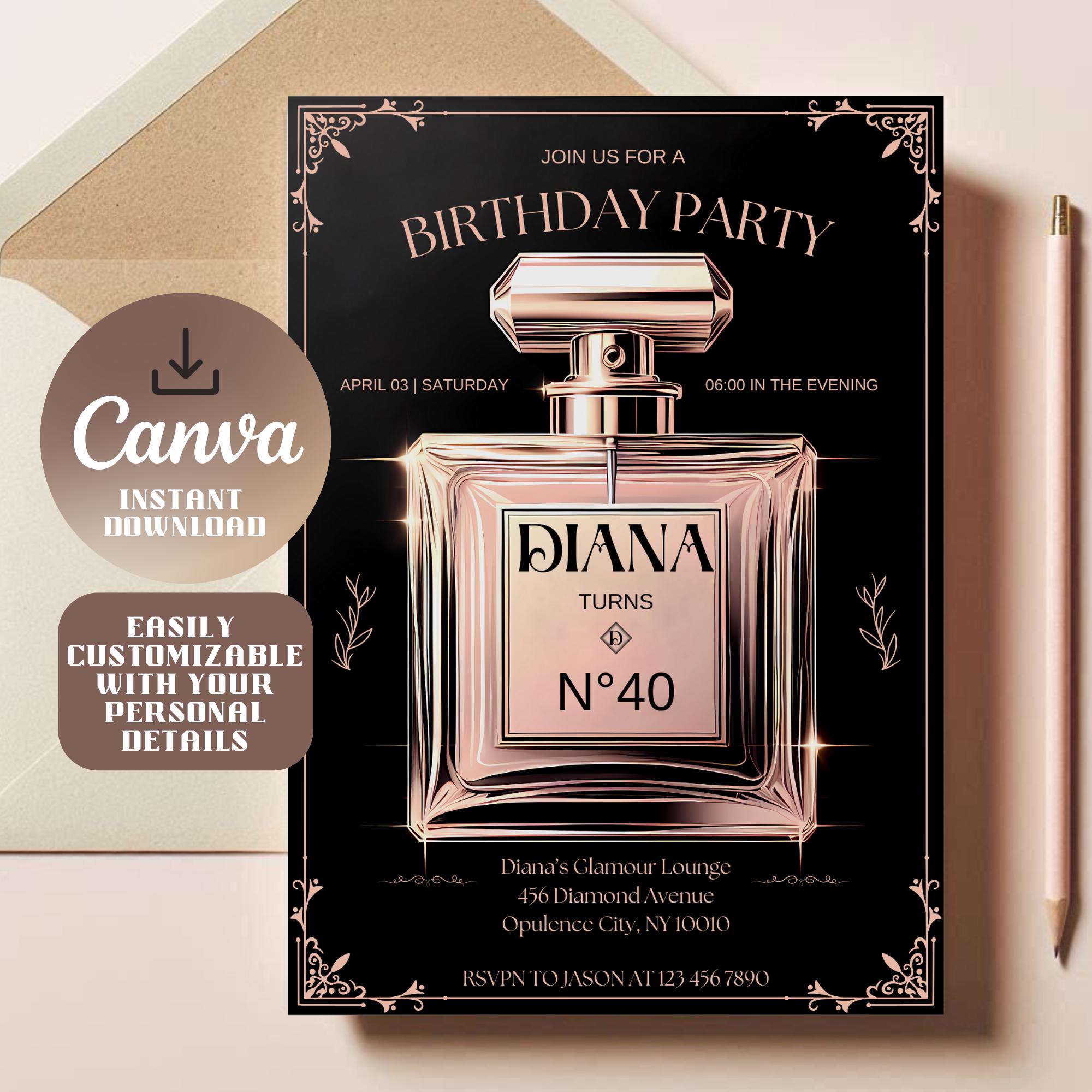 Editable Classic Perfume Bottle Invitation, Glamorous Birthday Party ...