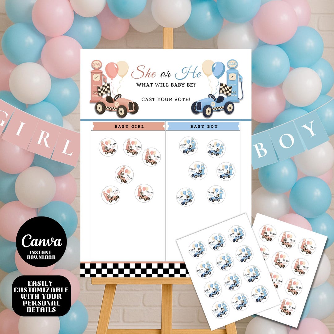 Racecar-themed Gender Reveal Voting Game – Editable Poster + Printable ...