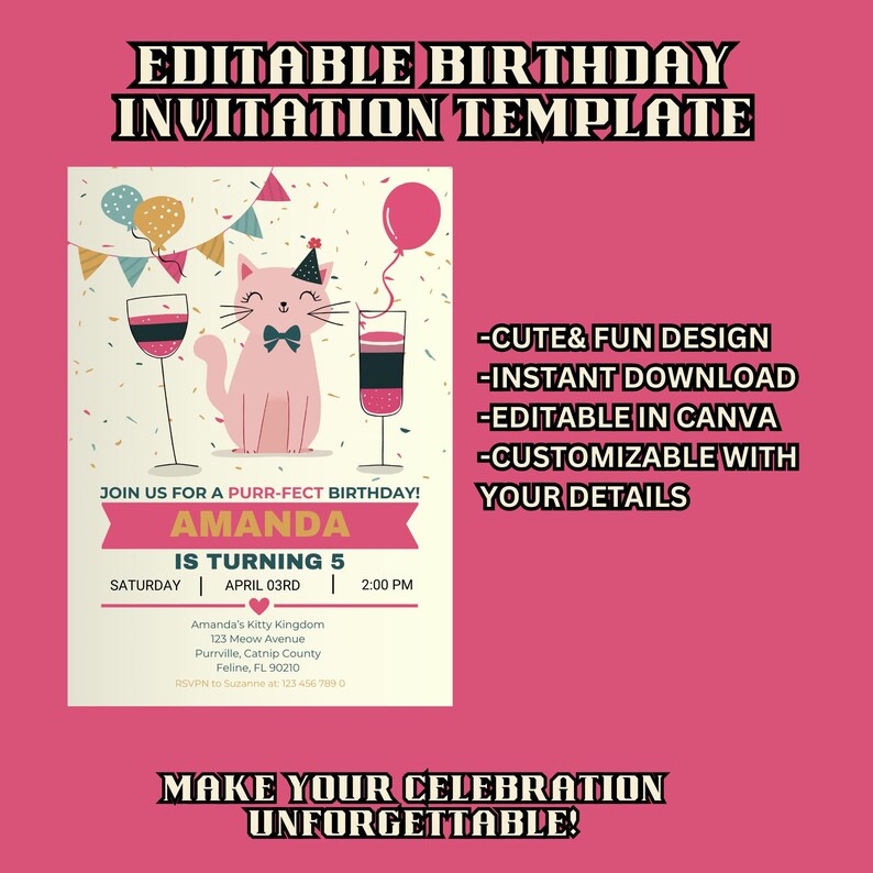 Editable Pink Cat Birthday Invitation Template, Printable Invite ...