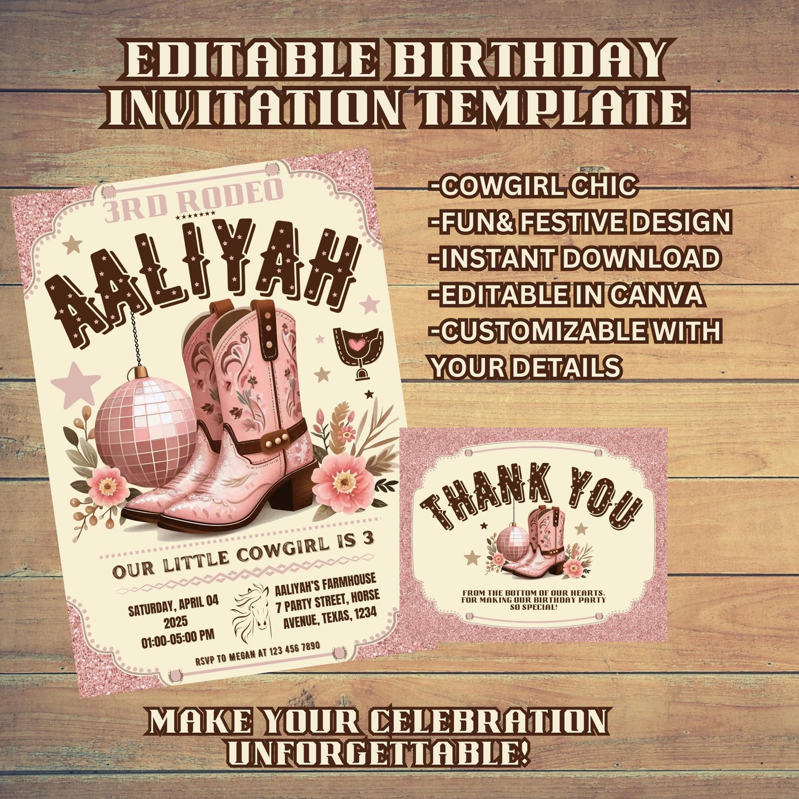 Editable Cowgirl Pink Disco Ball Birthday Invitation Template ...